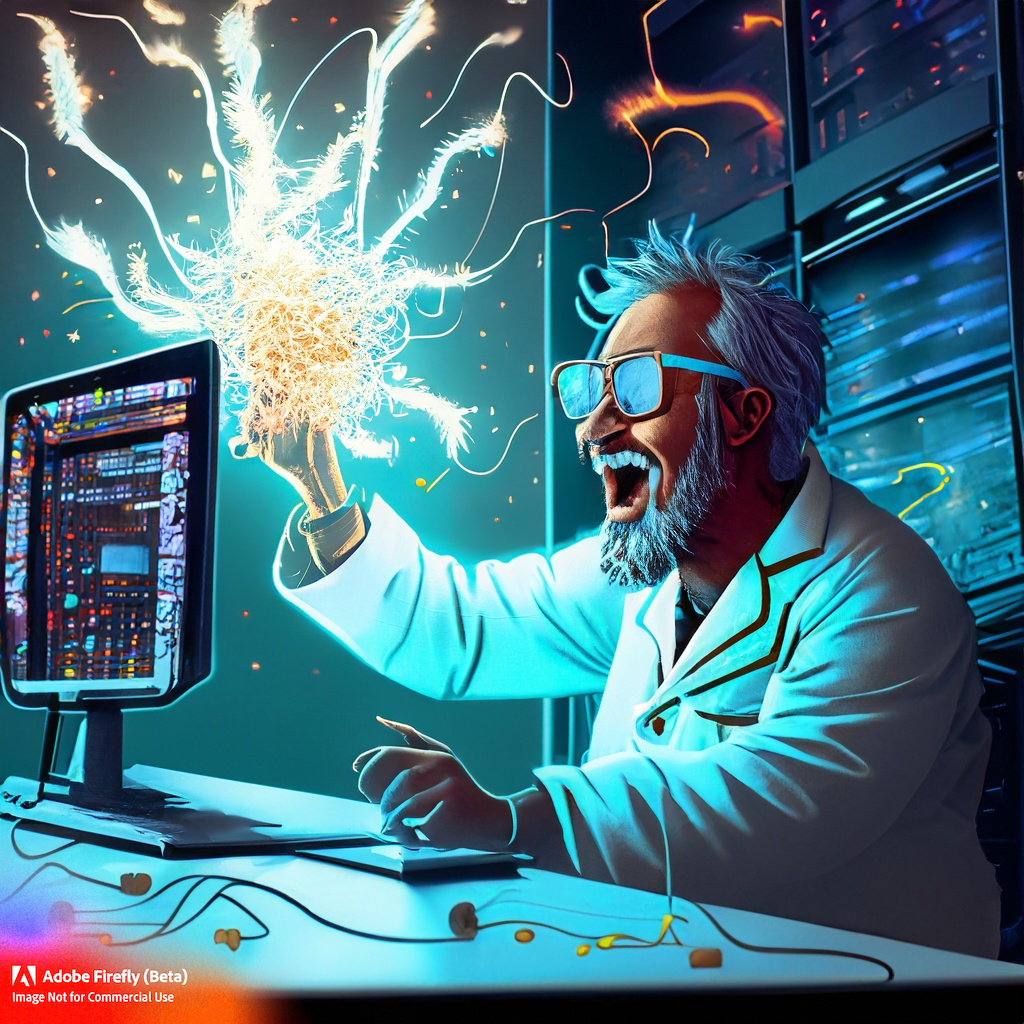 Firefly_excited+mad scientist experimenting on servers with sparks ...